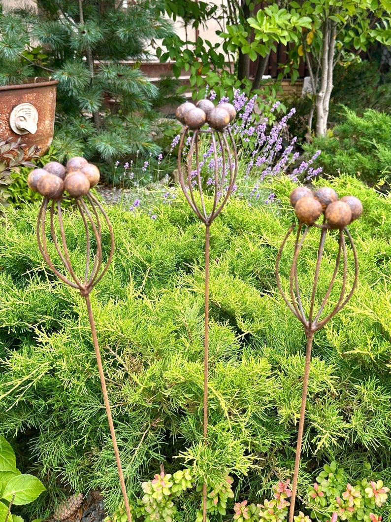 Rustic Metal Flower Garden Stakes, Set of 3, Handmade Yard Art - Etsy