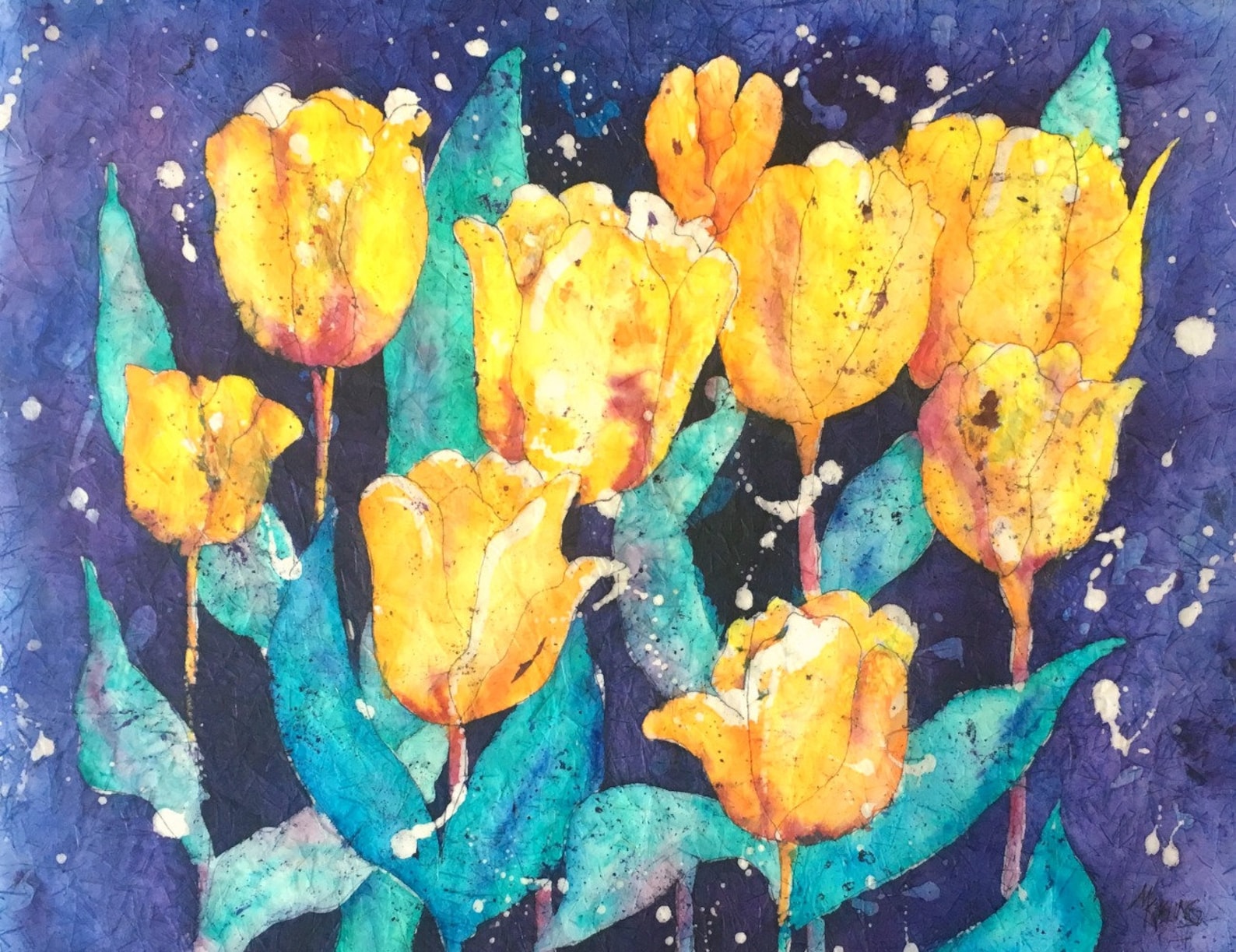 Yellow Tulip Watercolor, Batik Watercolor Tulips, Garden Art, Yellow ...