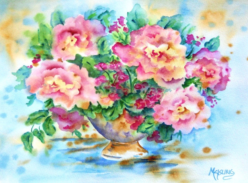 Rose Bouquet Watercolor, Pink Peach Roses, Artist Martha Kisling - Etsy