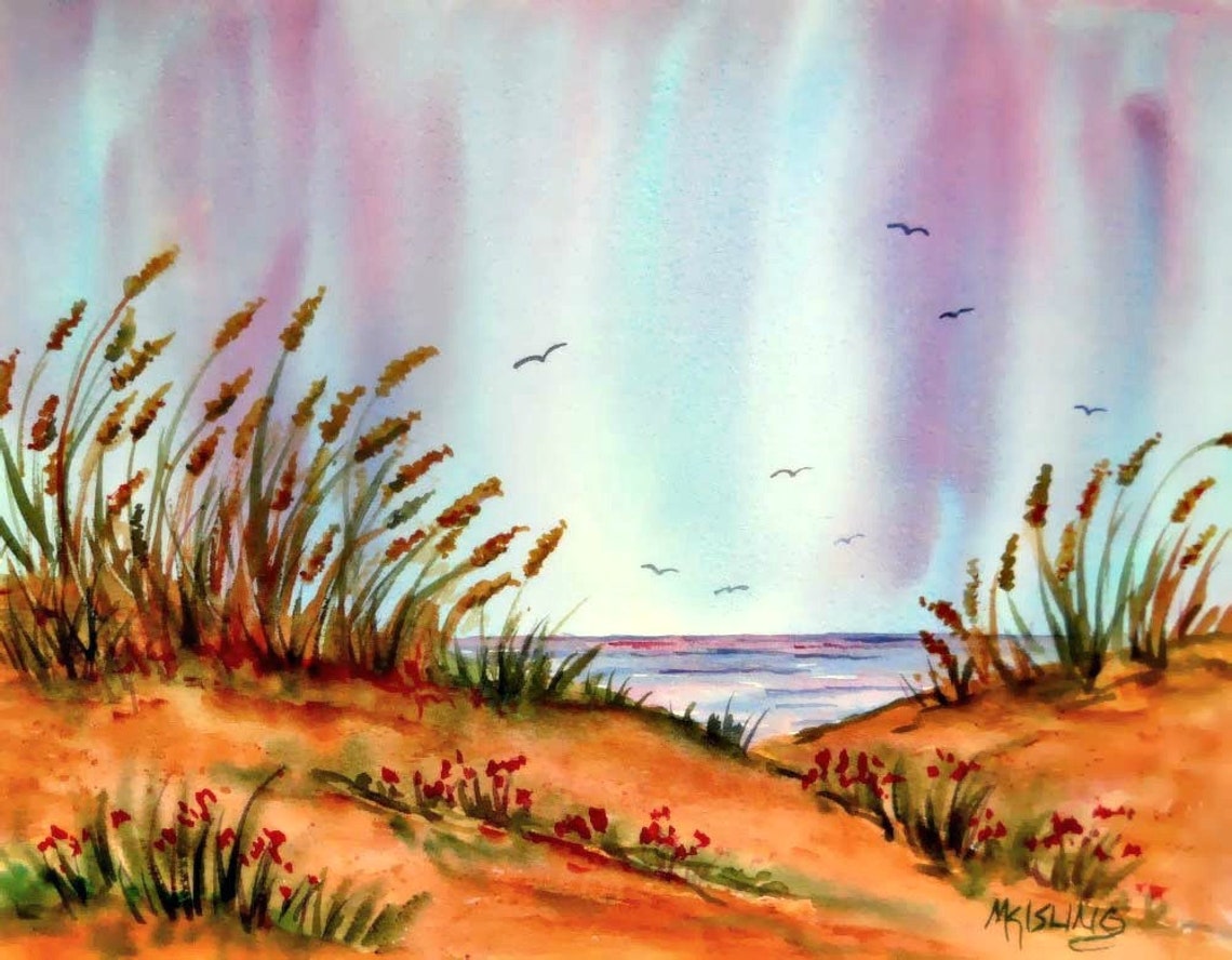 Seascape Watercolor Sand Dunes Beach Art Sky Water Sand - Etsy