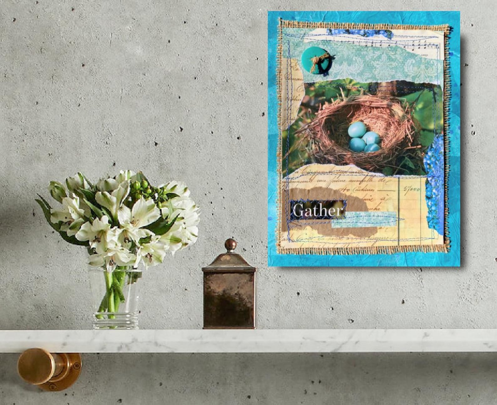 Bird Nest, Eggs, Collage, Gather, Old Letters, Stitching, Blue, Music ...