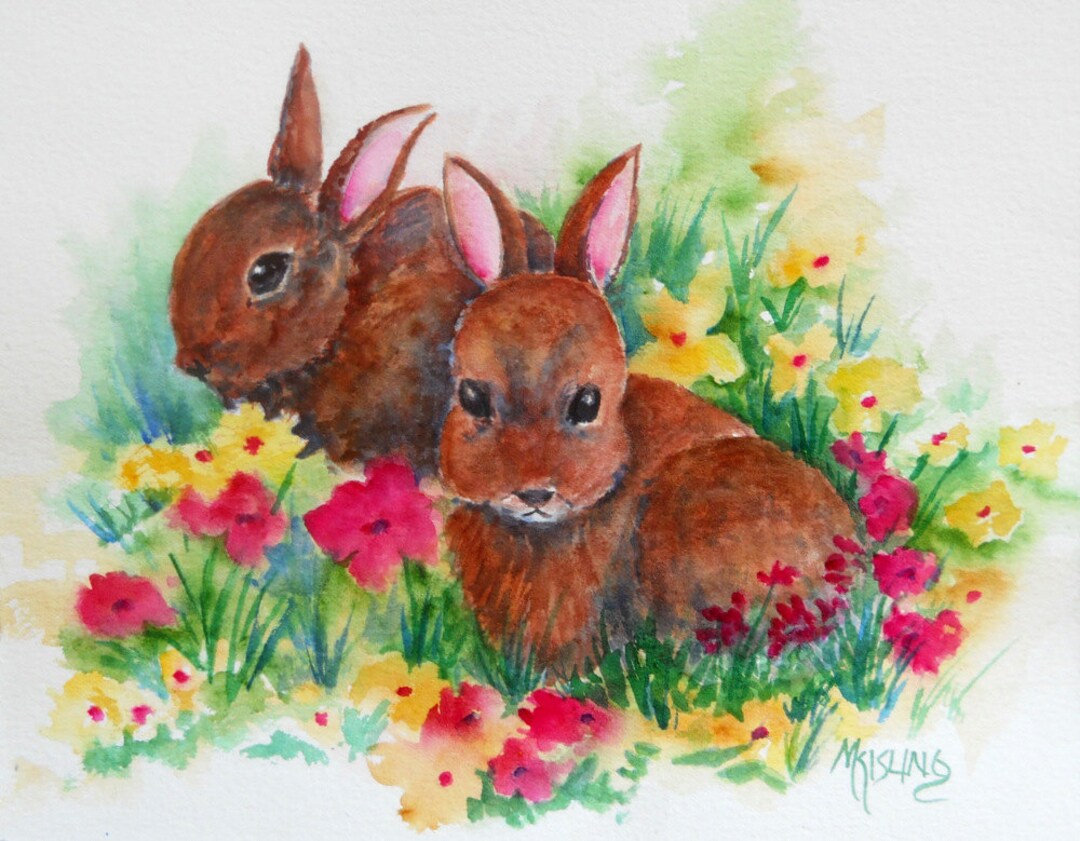 Watercolor Cute Bunny Rabbits With Flowers by Artist Martha Kisling - Etsy