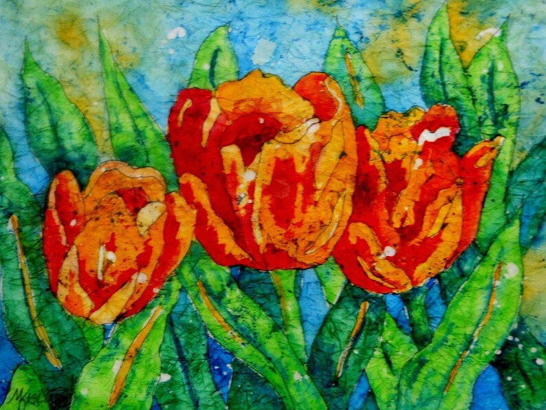 Batik Watercolor of Tulips Orange Yellow Bold by Martha - Etsy
