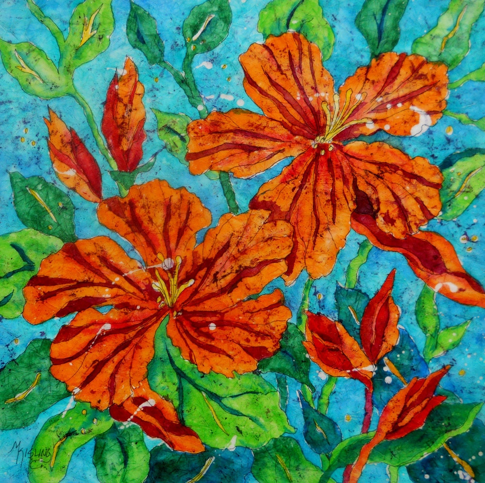 Batik Hibiscus, Watercolor Batik, Tropical Orange Hibiscus, Hawaiian ...