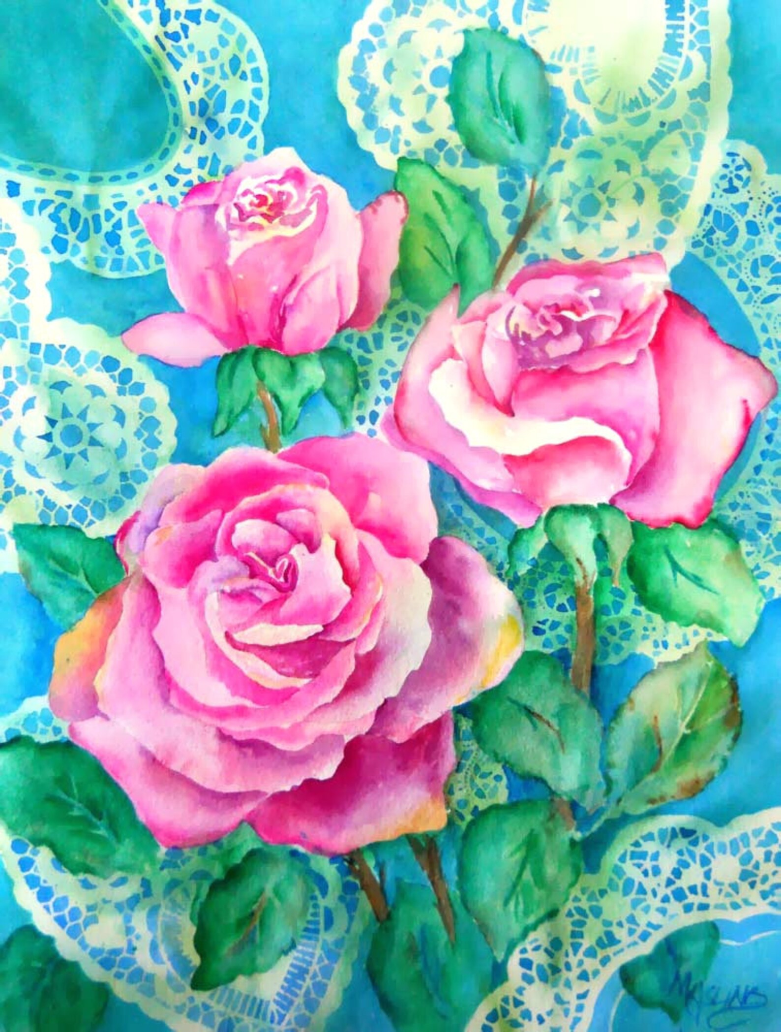 Roses Watercolor, Lace Doily, Pink Roses Watercolor, Roses and Lace ...
