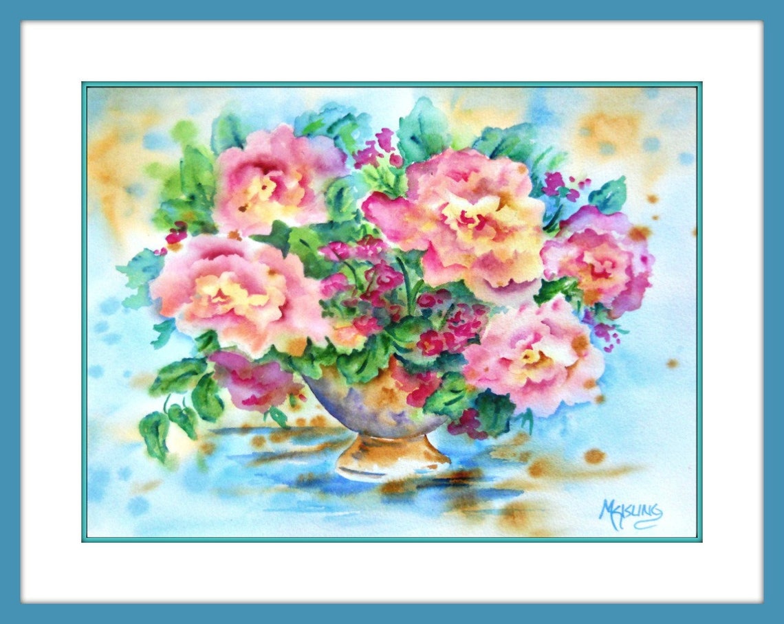 Rose Bouquet Watercolor, Pink Peach Roses, Artist Martha Kisling - Etsy