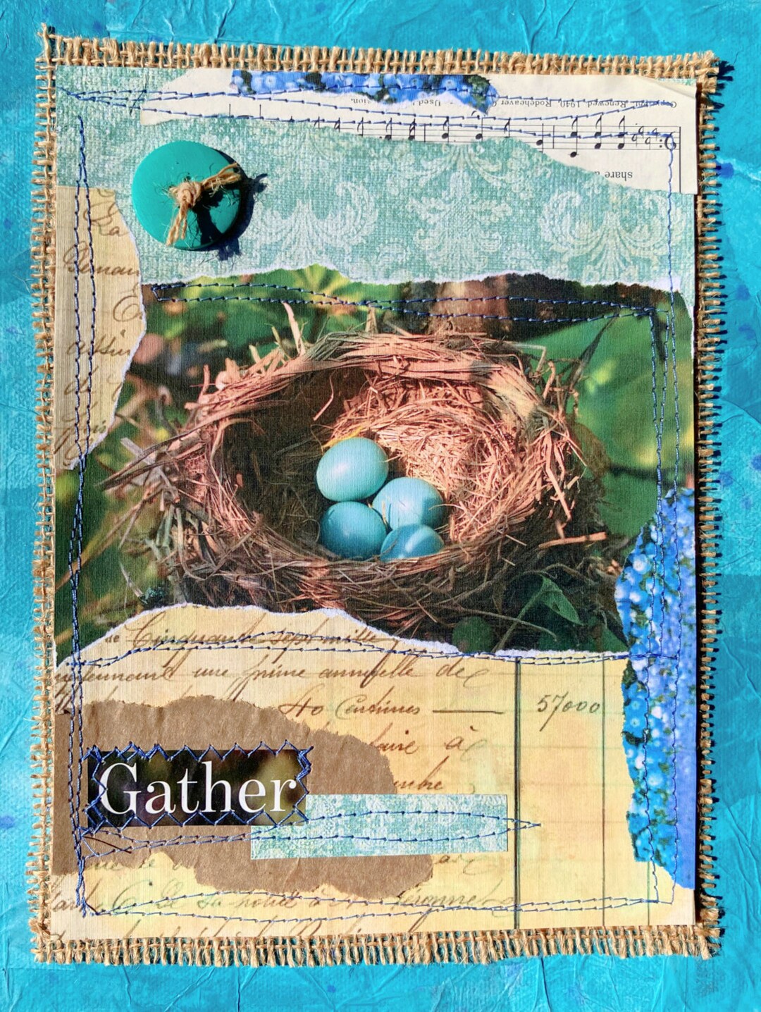 Bird Nest, Eggs, Collage, Gather, Old Letters, Stitching, Blue, Music ...