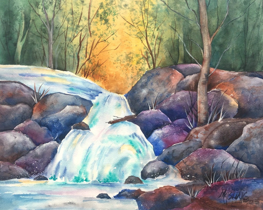 Waterfall Watercolor, Landscape, Rocks, Trees, Mountain Stream ...