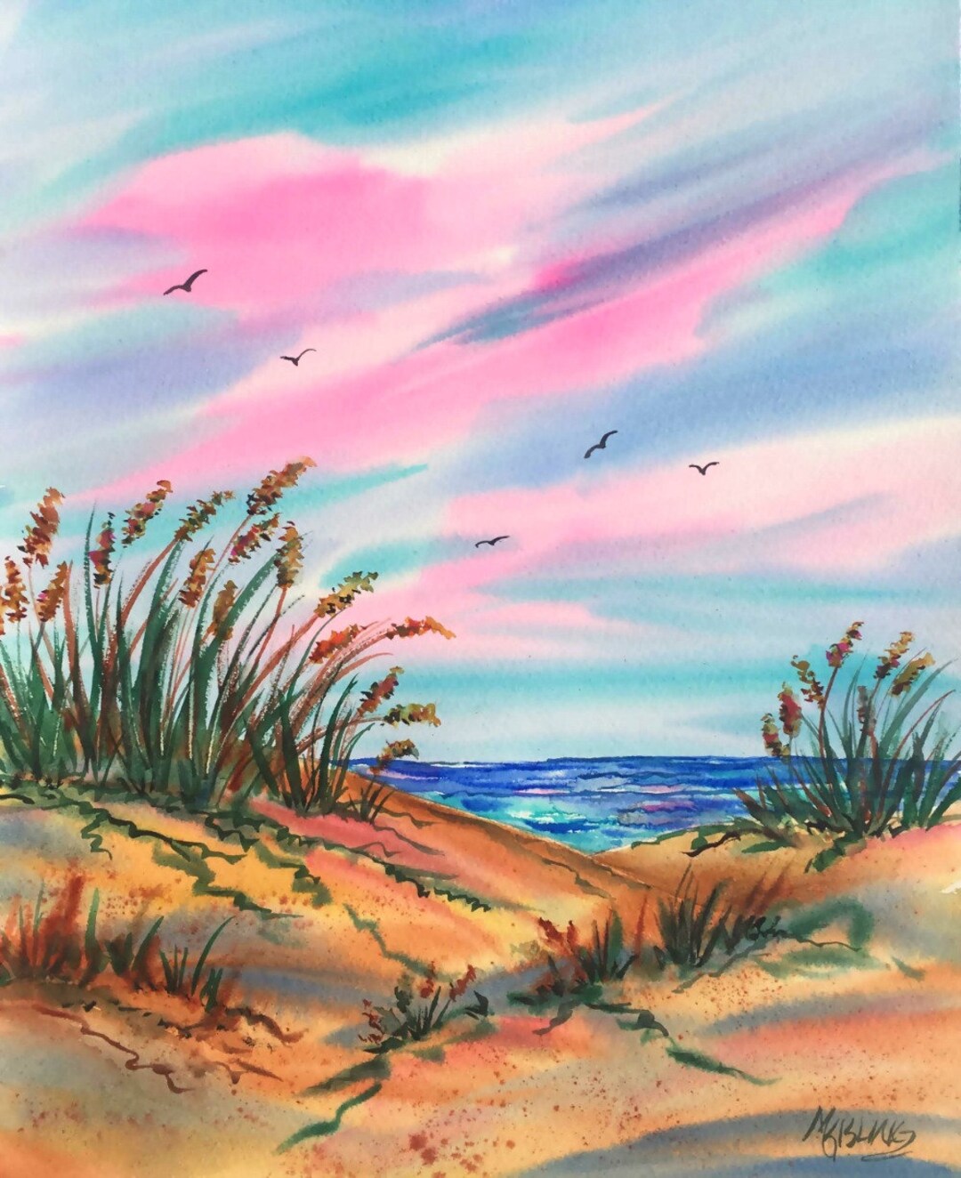 Beach Watercolor, Seascape Painting, Ocean, Sky, Sea Oats, Waves, Sand ...