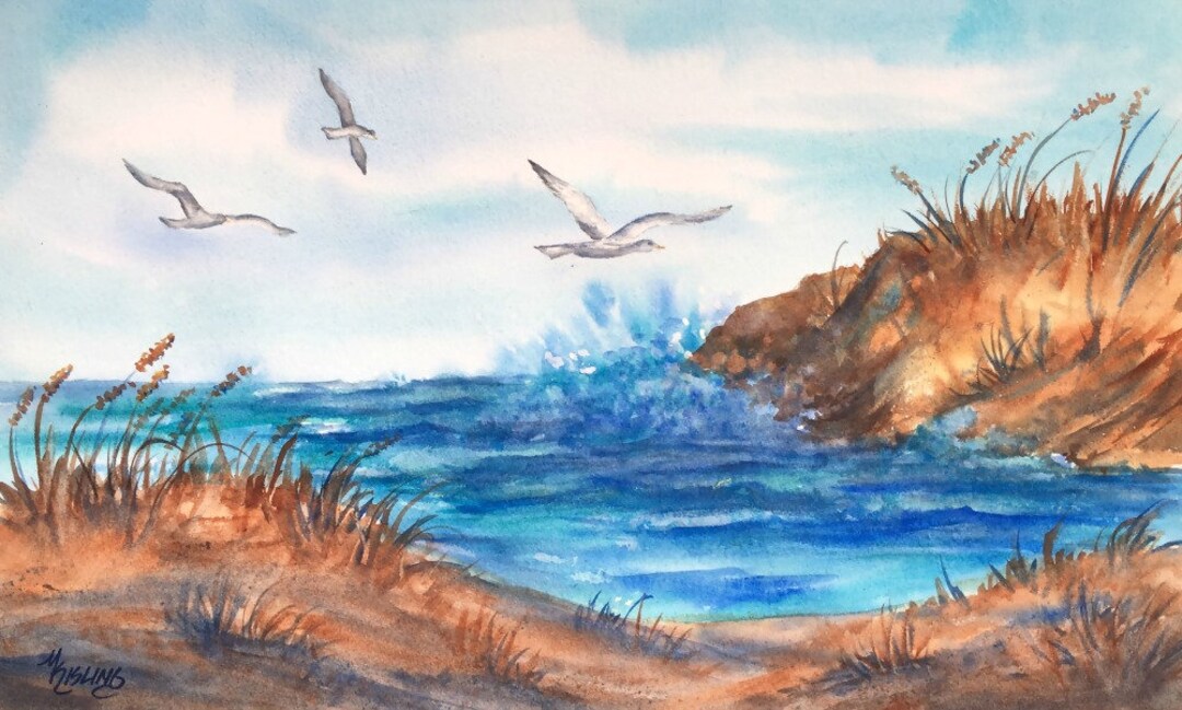 Seascape Watercolor, Watercolor Beach, Sand, Sea Oats, Sand Dune, Ocean ...