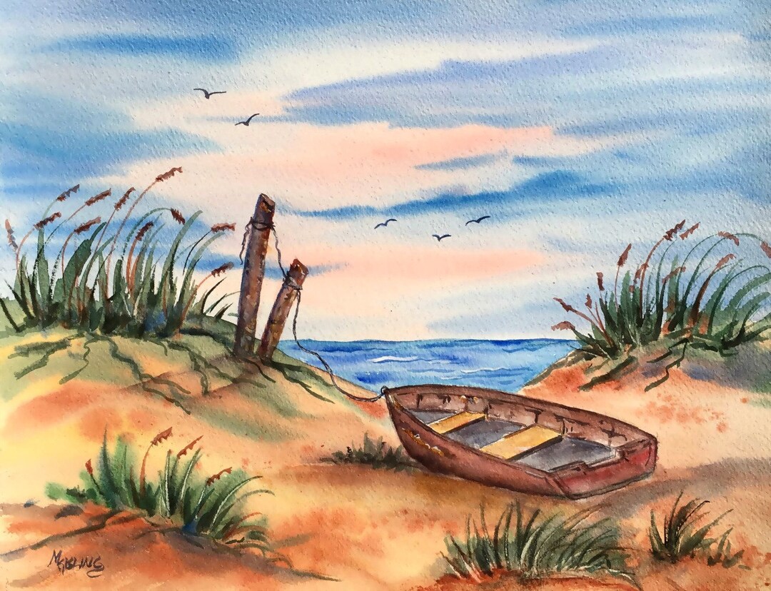 Seascape Watercolor, Ocean Art, Nautical Decor, Drift Boat,ocean, Beach ...