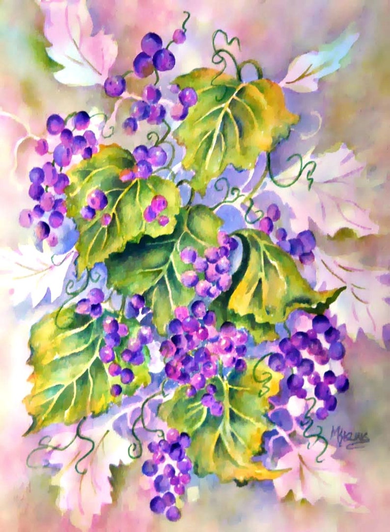Grapes Watercolor, Grape Leaves, Purple Grapes, Wine Art. Grape Decor ...