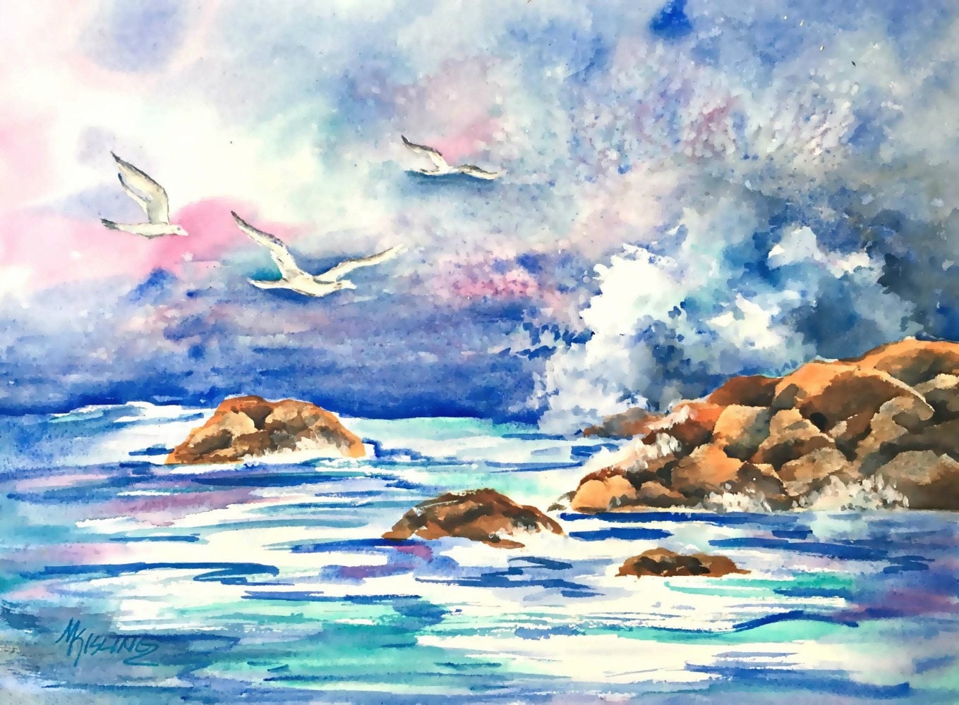 Seascape Watercolor, Ocean Waves, Rocks, Beach, Seagull, Original Art ...