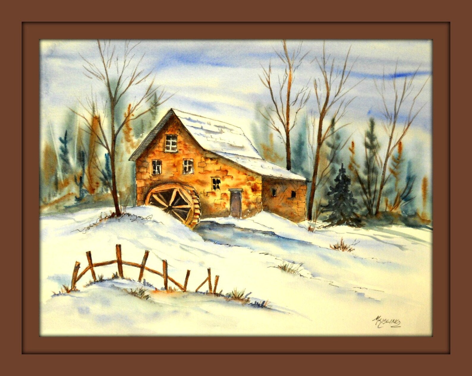 Ink and Watercolor of Snow, Trees and Old Mill House by Colorado Artist ...