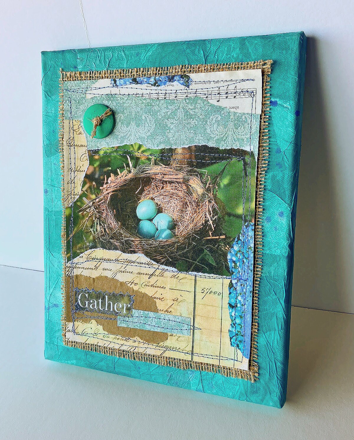 Bird Nest, Eggs, Collage, Gather, Old Letters, Stitching, Blue, Music ...