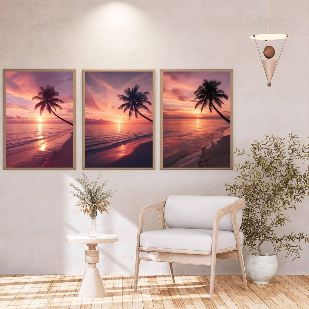 Sunset Beach Wall Art Set of 3, Warm Sky and Water Reflections Prints ...