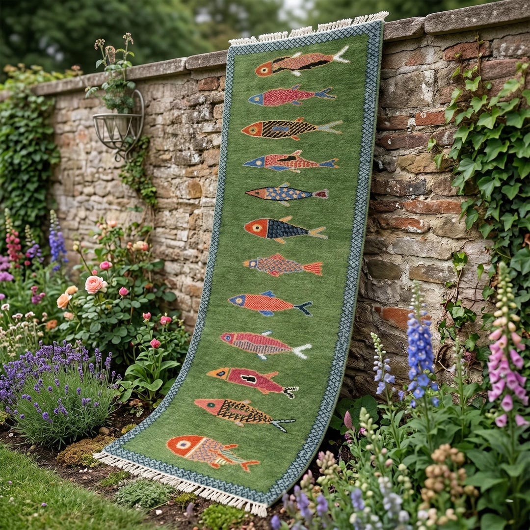 Koi Fish Runner Rug: Green Colorful Carpet Handmade Wool Area Rug - Etsy