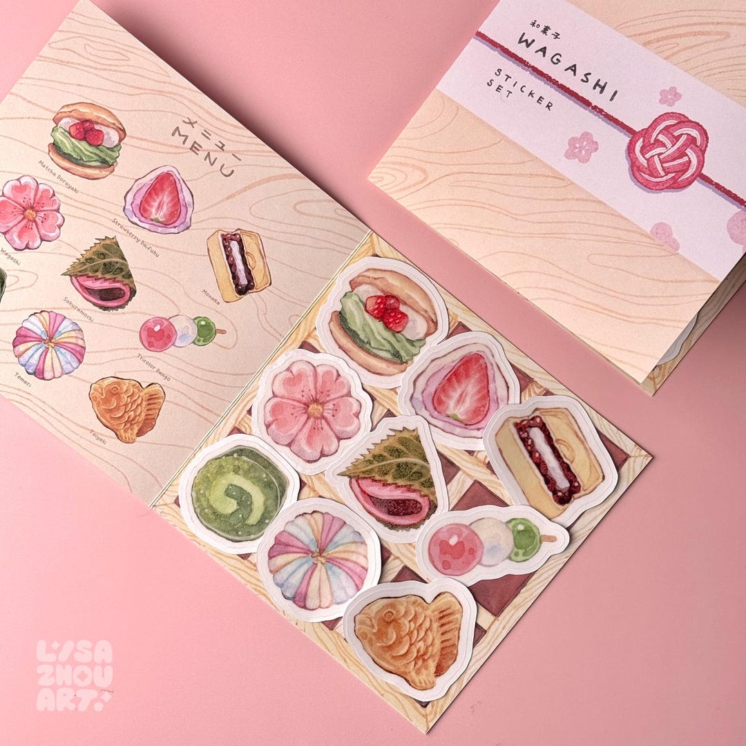 Wagashi Sticker Set of 9, Japanese Sweet Watercolor Stickers, Pink ...