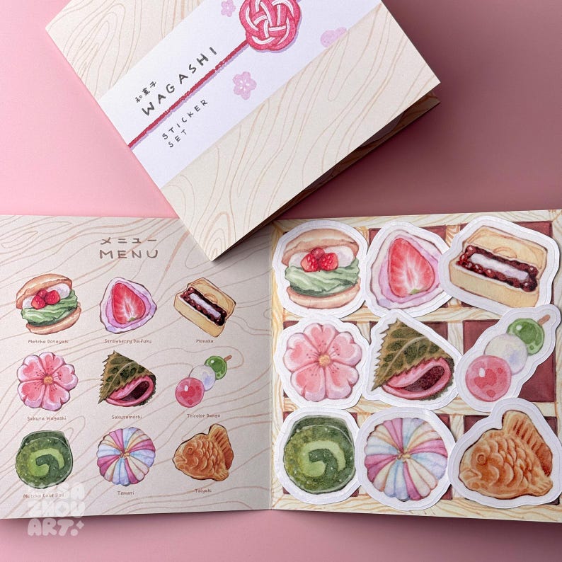 Wagashi Sticker Set of 9, Japanese Sweet Watercolor Stickers, Pink ...