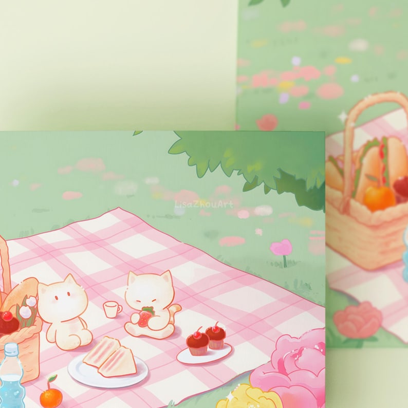 Cat Picnic Small Art Print – Cute Pastel Illustration, Kawaii Cats on ...