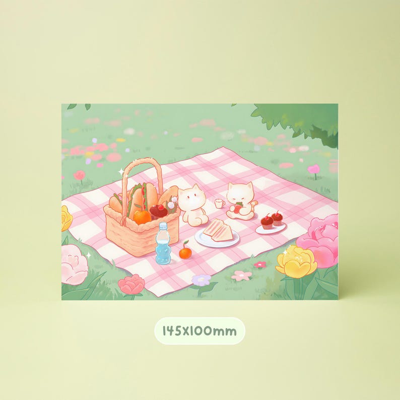 Cat Picnic Small Art Print – Cute Pastel Illustration, Kawaii Cats on ...