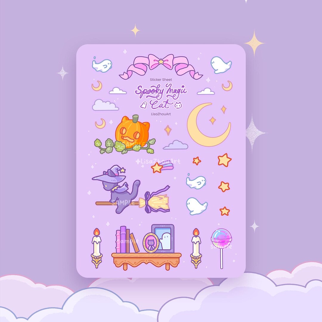 Spooky Magic Cat Sticker Sheet – Kawaii Witch Cat Halloween Stickers ...