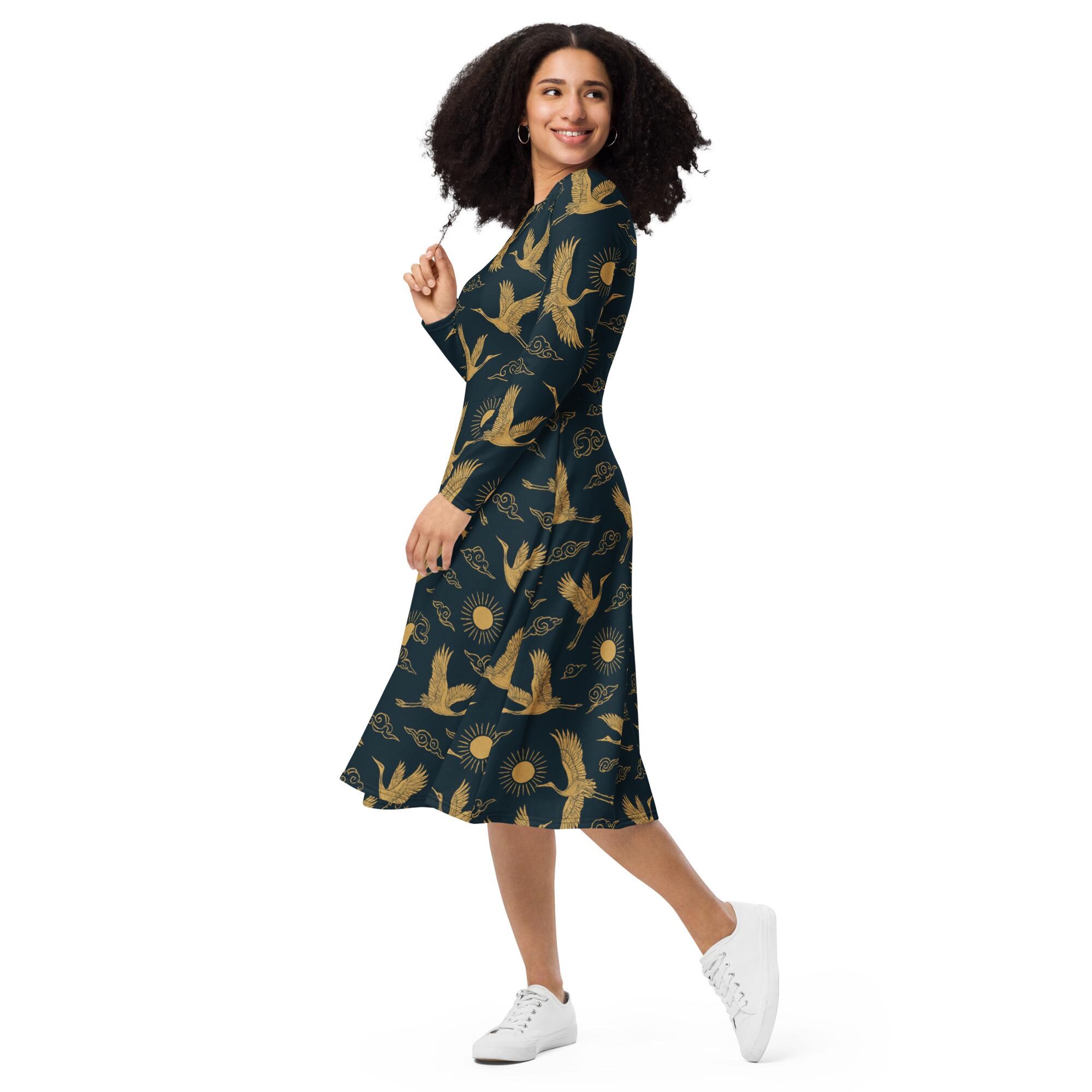 Elegant Crane Midi Dress – Golden Birds on Navy With Pockets & Long ...