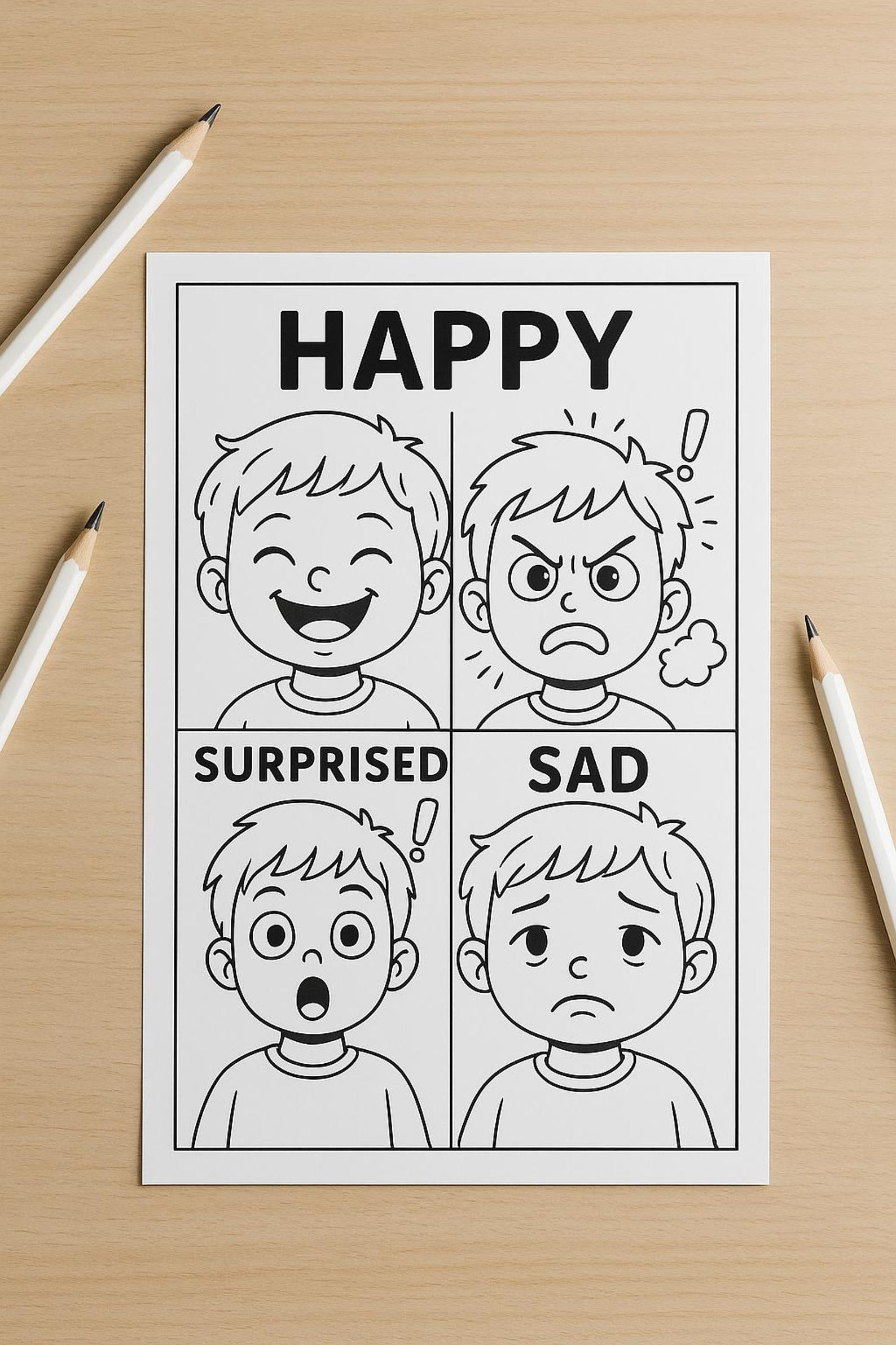 Emotions Coloring Pages for Kids – 4 Printable Emotion Faces (happy ...
