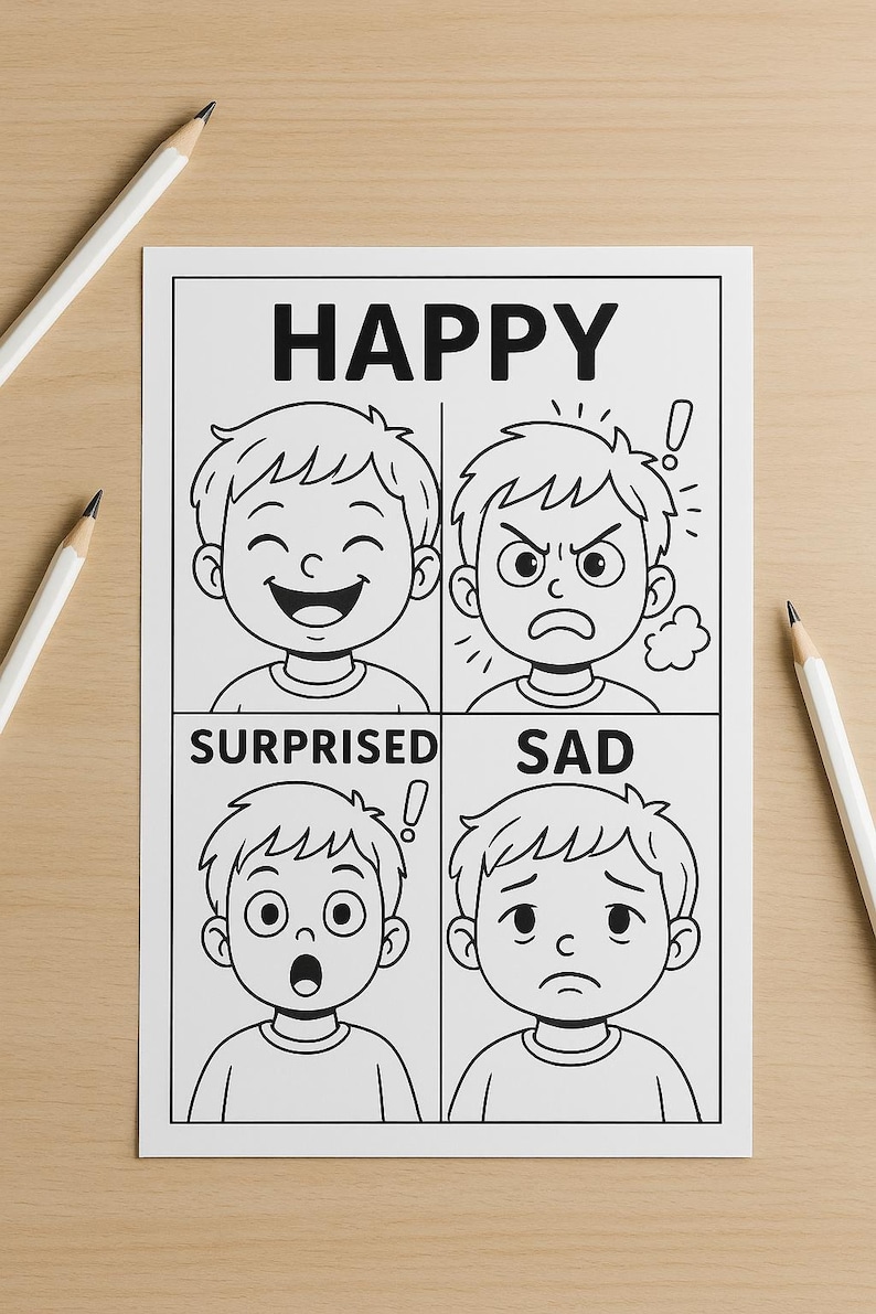 Emotions Coloring Pages for Kids – 4 Printable Emotion Faces (happy ...