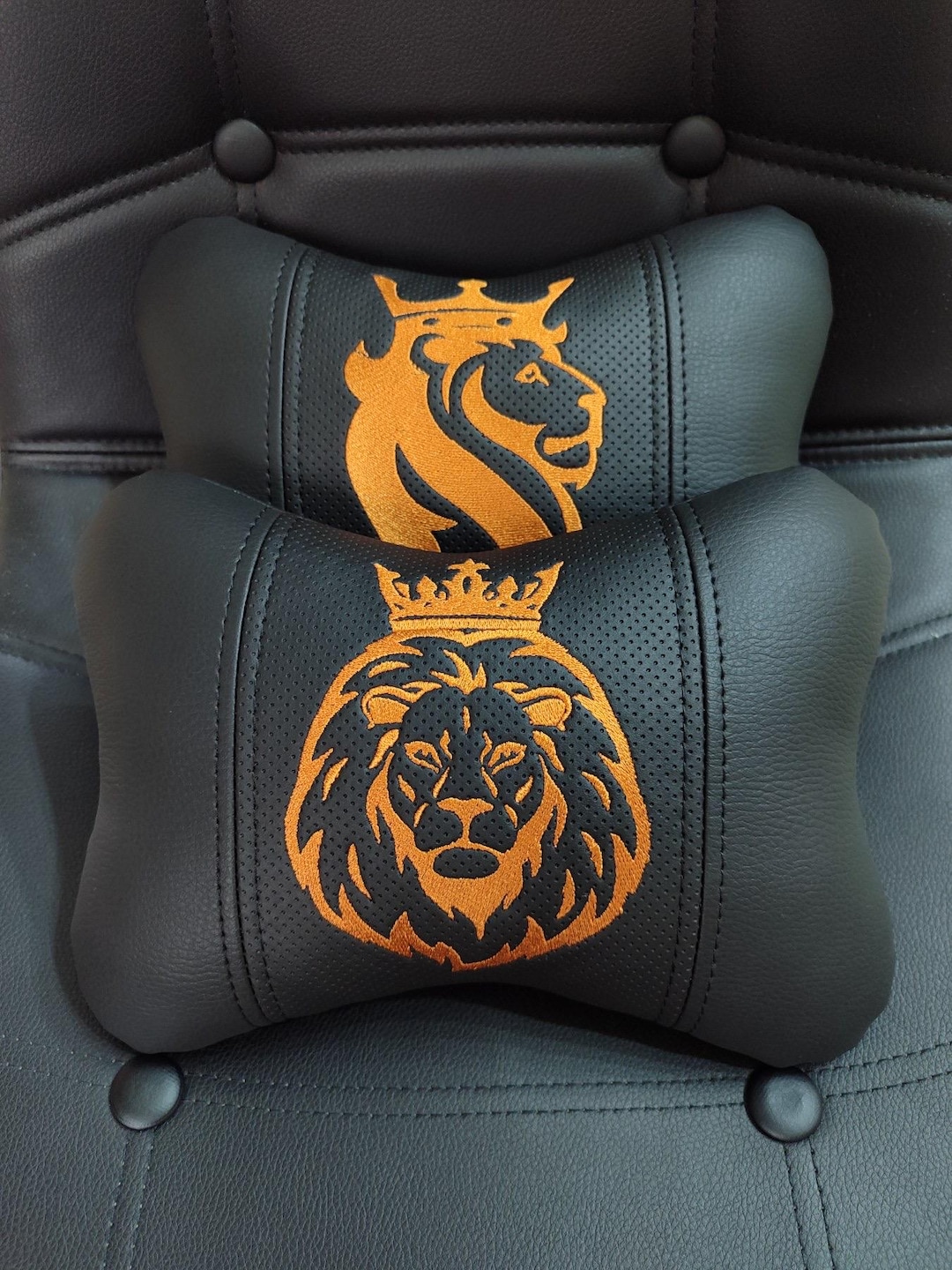 Embroidered Car Neck Pillows (set of 2): Lion Custom Headrest Cushions ...