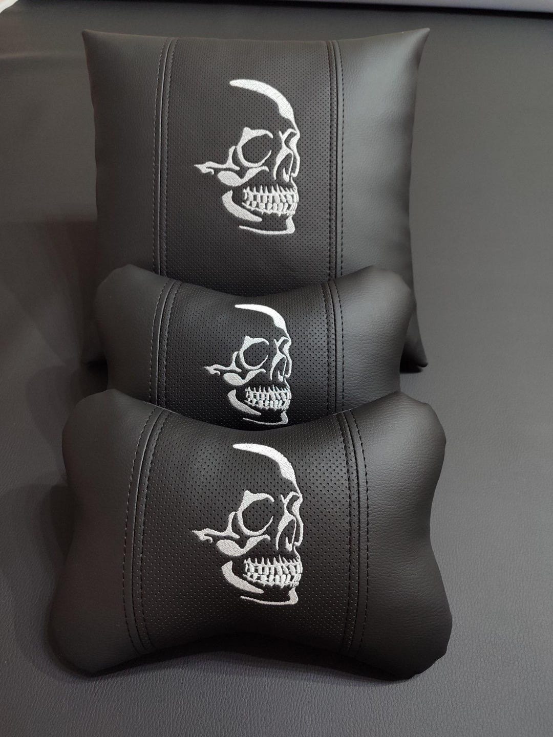 Custom Embroidered Skull Car Pillow Set: 2 Headrest Neck Pillows + 1 ...