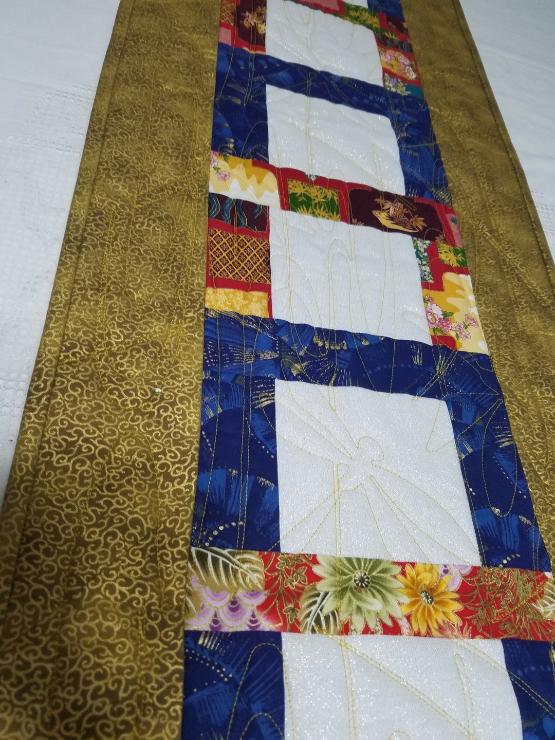 ASIAN Fabric TABLE RUNNER 13 1/2 X 86 Inches Worked in Gold, Red, Blue ...