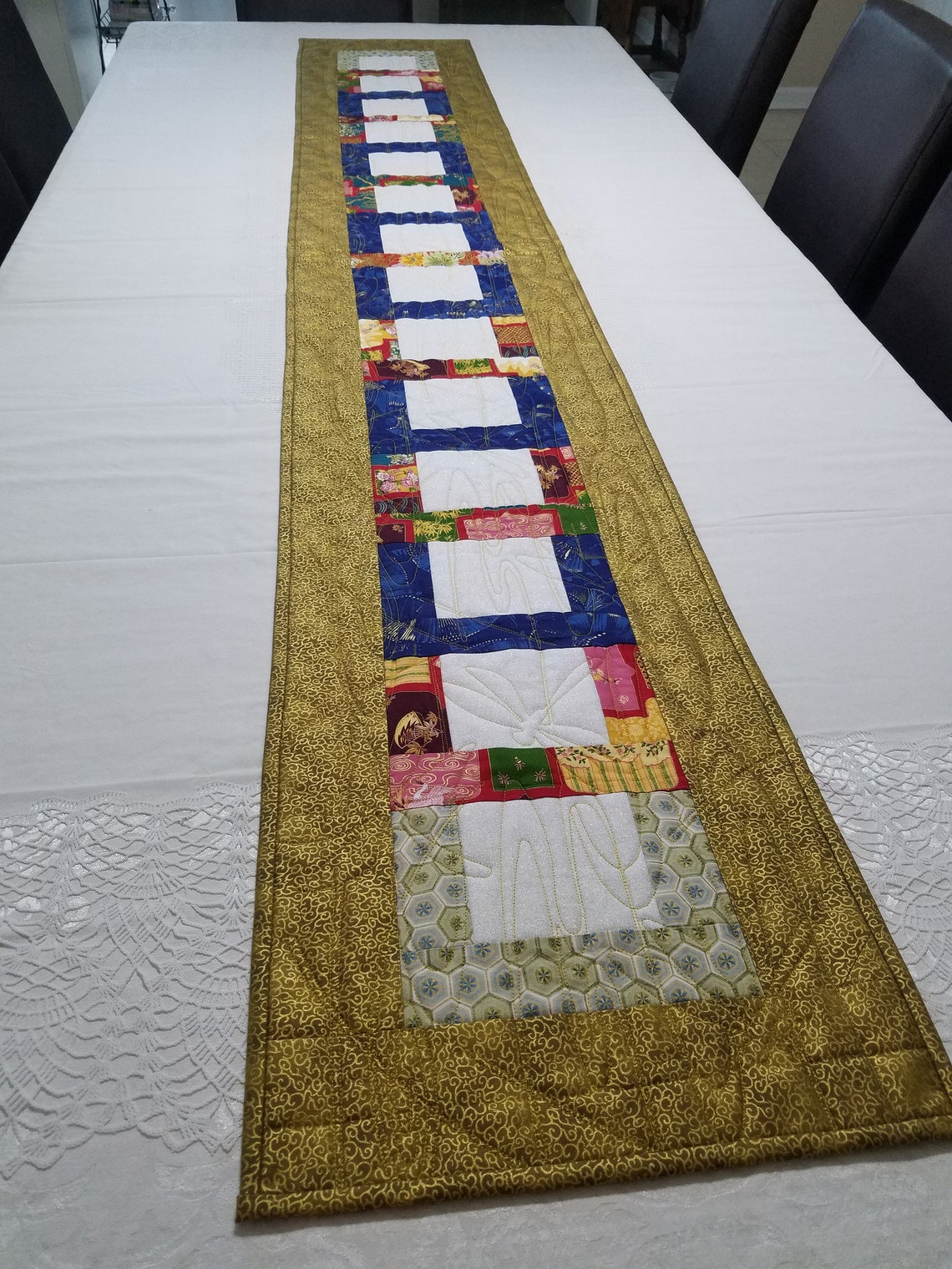 ASIAN Fabric TABLE RUNNER 13 1/2 X 86 Inches Worked in Gold, Red, Blue ...