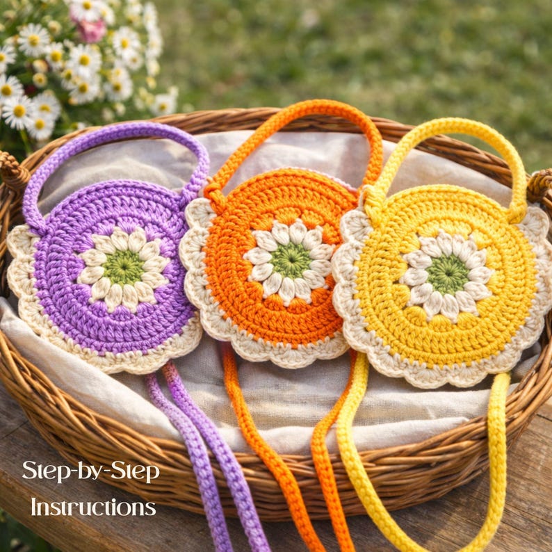 Girls Crochet Bag Pattern PDF – Flower Purse, Easy Kids Handbag ...