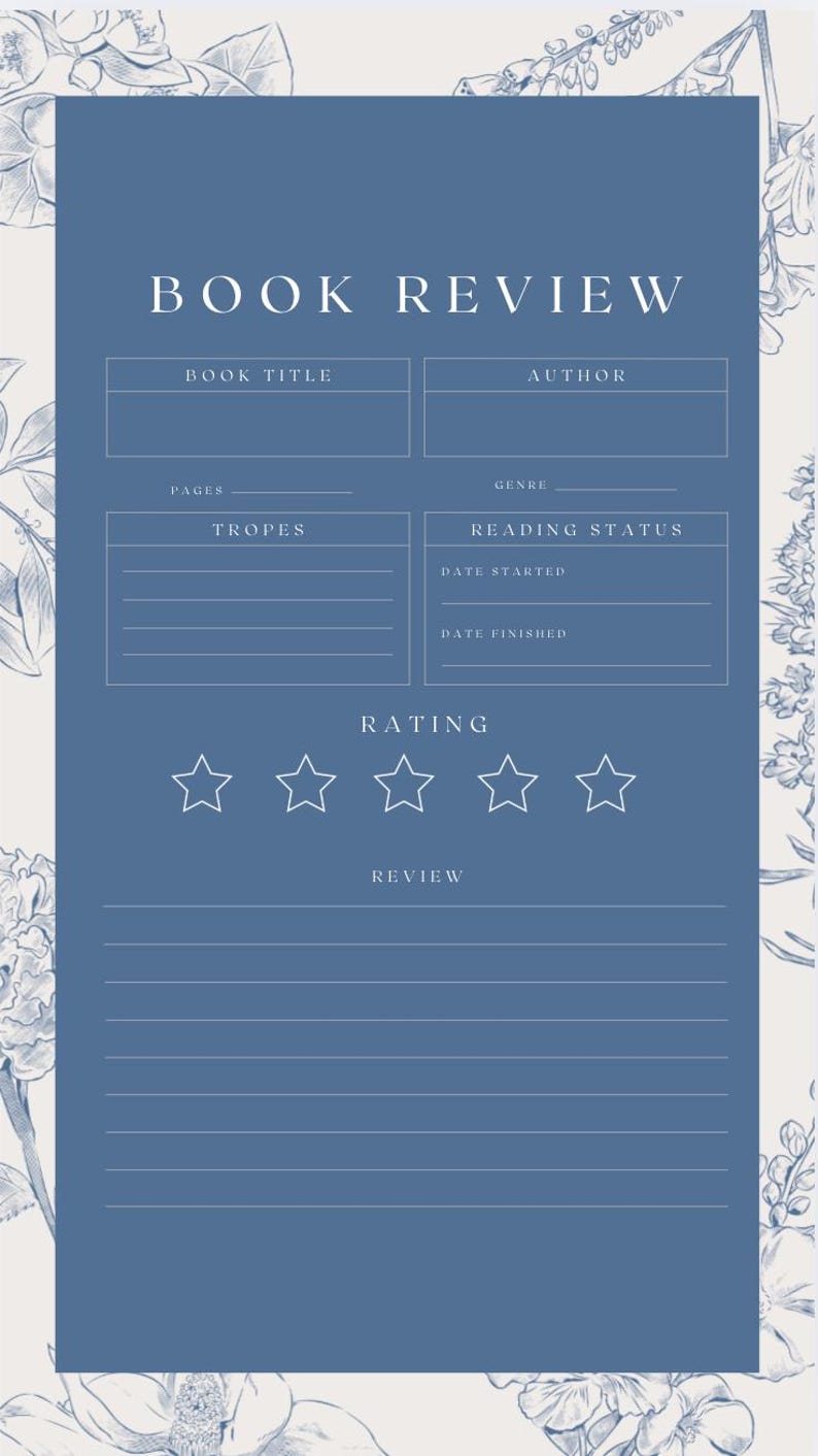 Dusty Blue Floral Book Review Template - Etsy