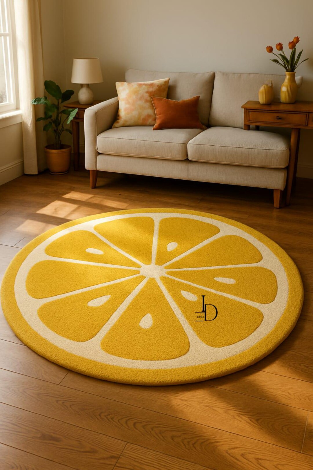 Hand Tufted Lemon Slice Rug – Round Yellow Citrus Carpet, Fruit Shaped ...