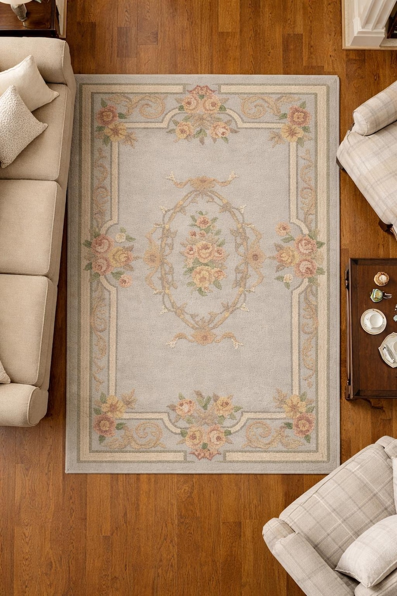 Hand Tufted Aubusson Floral Rug | Vintage French Style Wool Area Rug ...