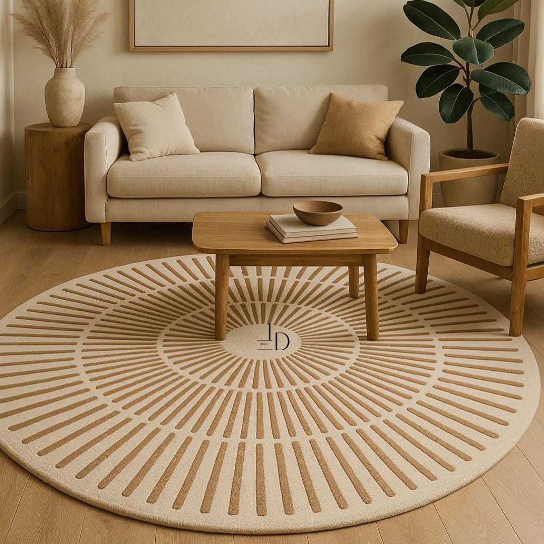 Modern Round Hand Tufted Rug | Beige Sunburst Pattern Carpet ...