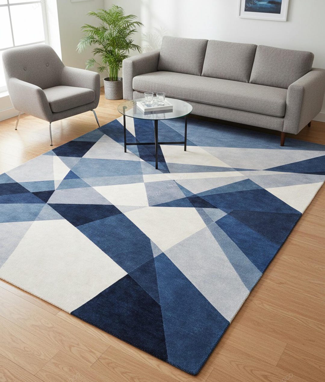 Blue Abstract Area Rug, Modern Geometric Carpet, Contemporary Designer ...
