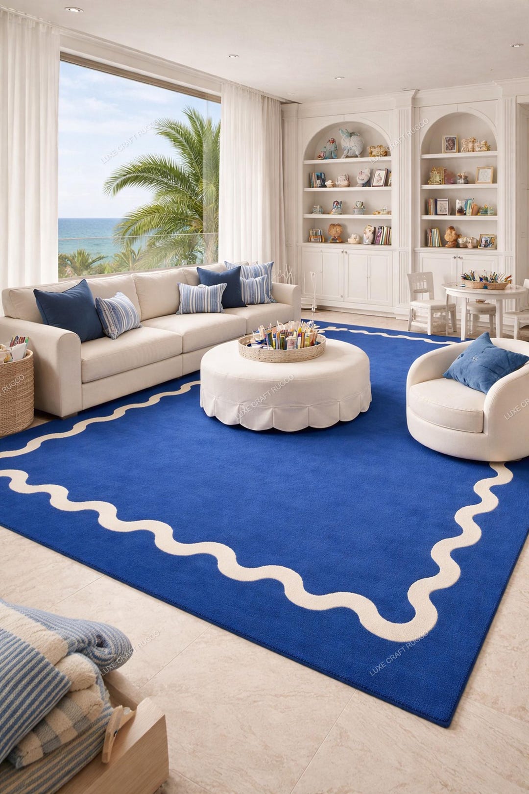 Royal Blue Scalloped Rug, Wavy Border Area Rug, Modern Aesthetic Carpet ...