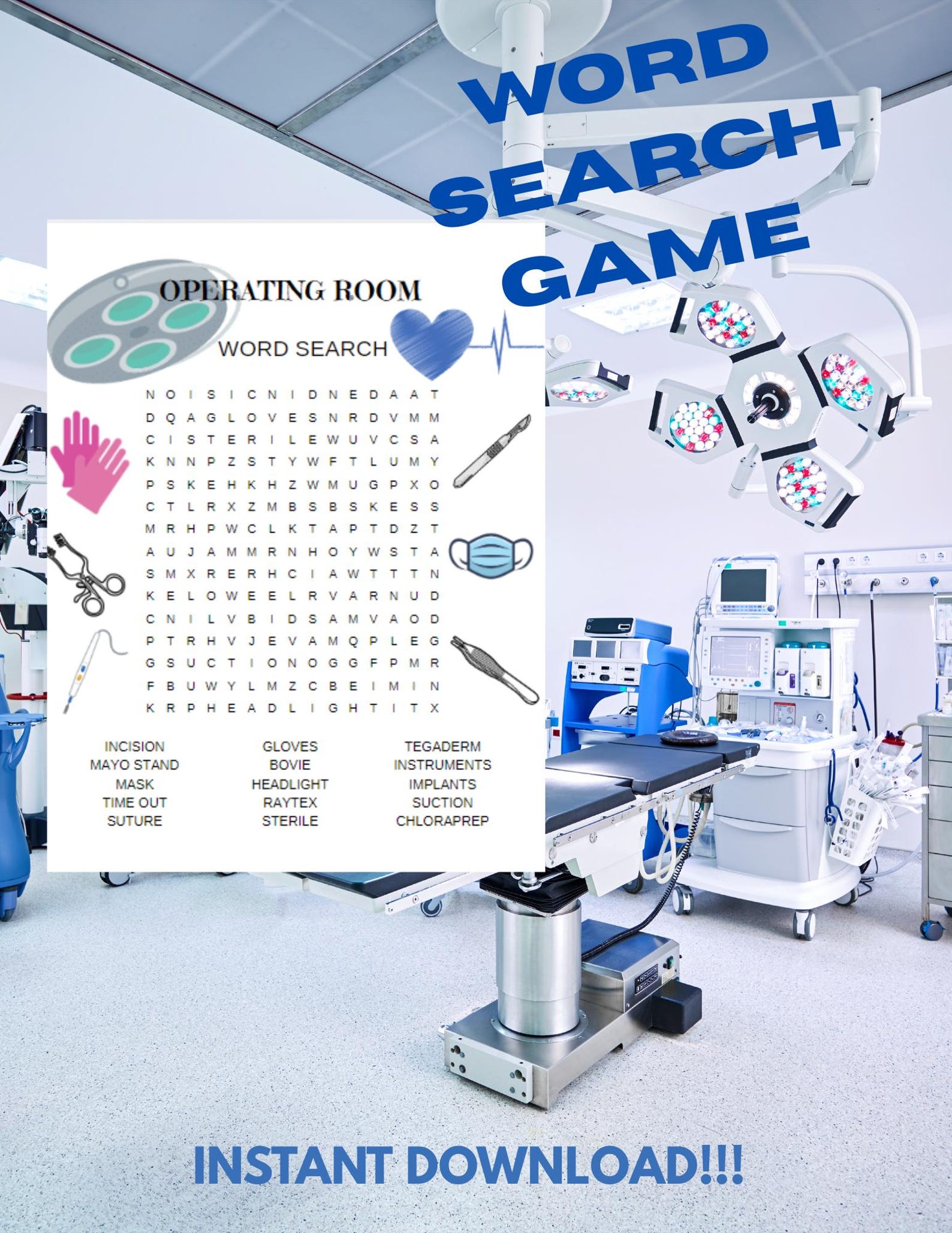 Printable Word Search Game, Operating Room Edition, Medical Word Puzzle ...