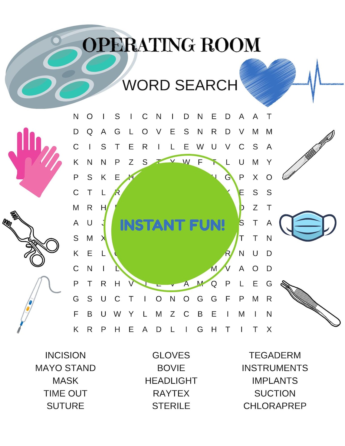 Printable Word Search Game, Operating Room Edition, Medical Word Puzzle ...