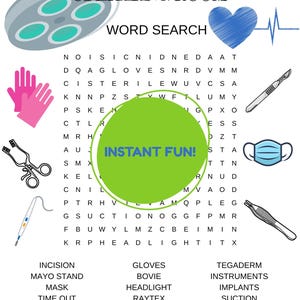 Printable Word Search Game, Operating Room Edition, Medical Word Puzzle ...
