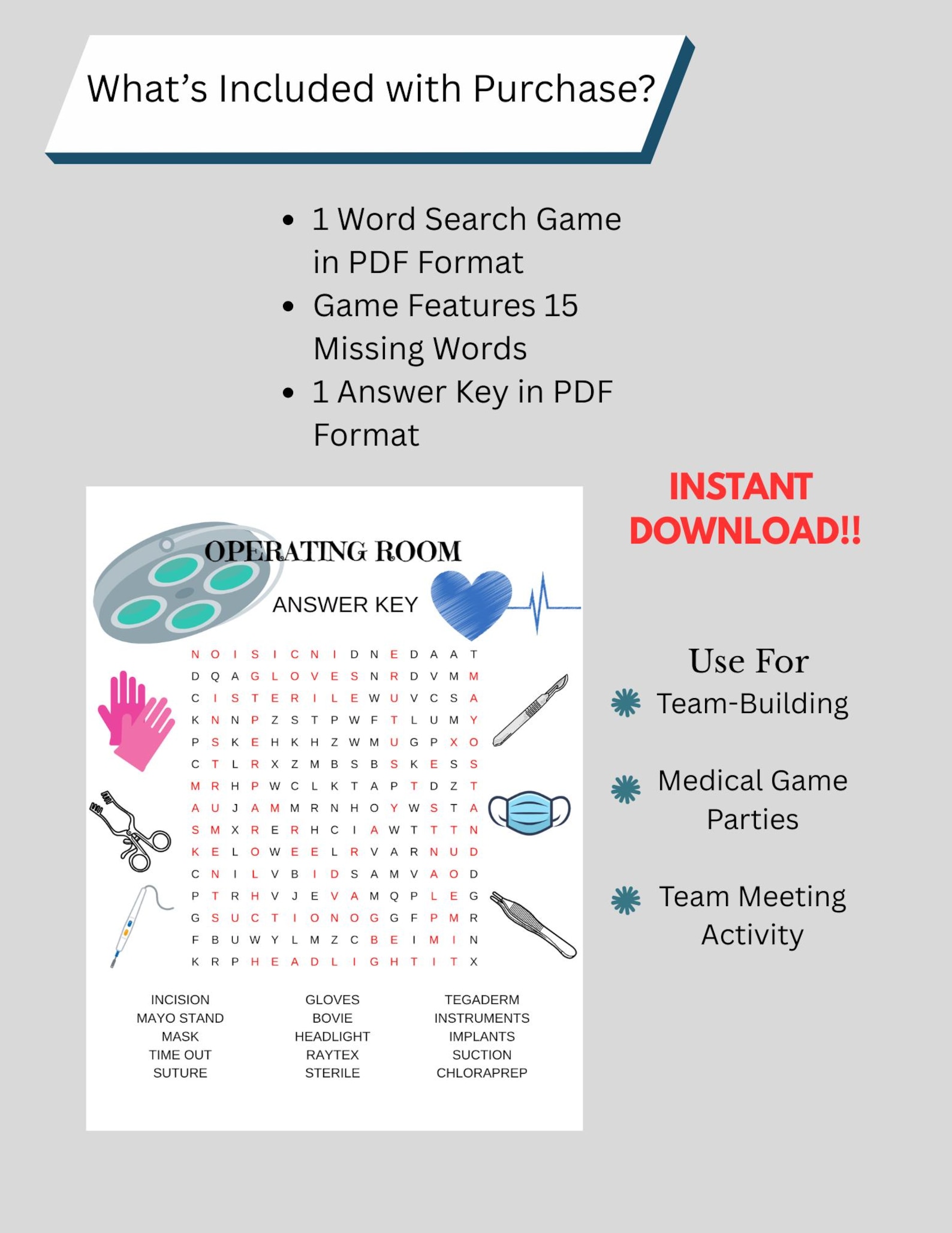 Printable Word Search Game, Operating Room Edition, Medical Word Puzzle ...