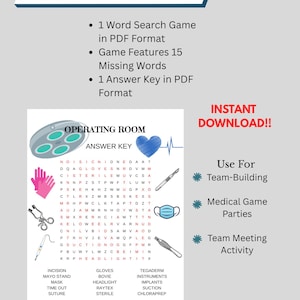 Printable Word Search Game, Operating Room Edition, Medical Word Puzzle ...