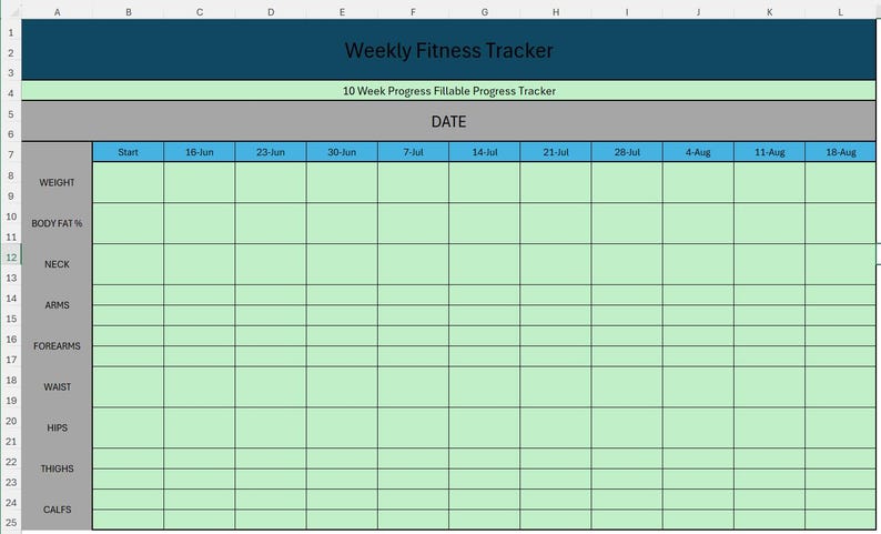 10 Week Fitness Progress Tracker | Excel Template for Weight, Body Fat ...
