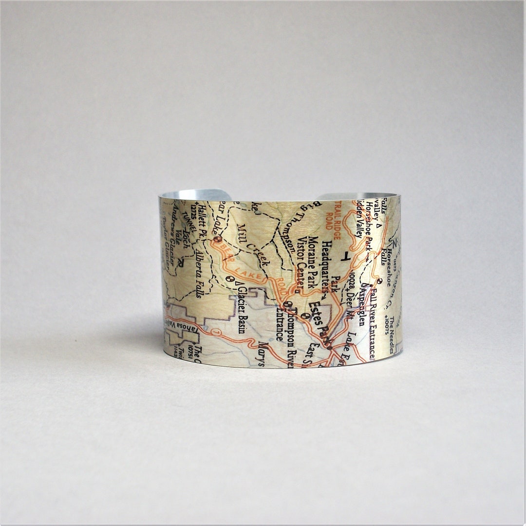 Rocky Mountain Colorado Map Cuff Bracelet Estes Park Longs Peak Ouzel ...