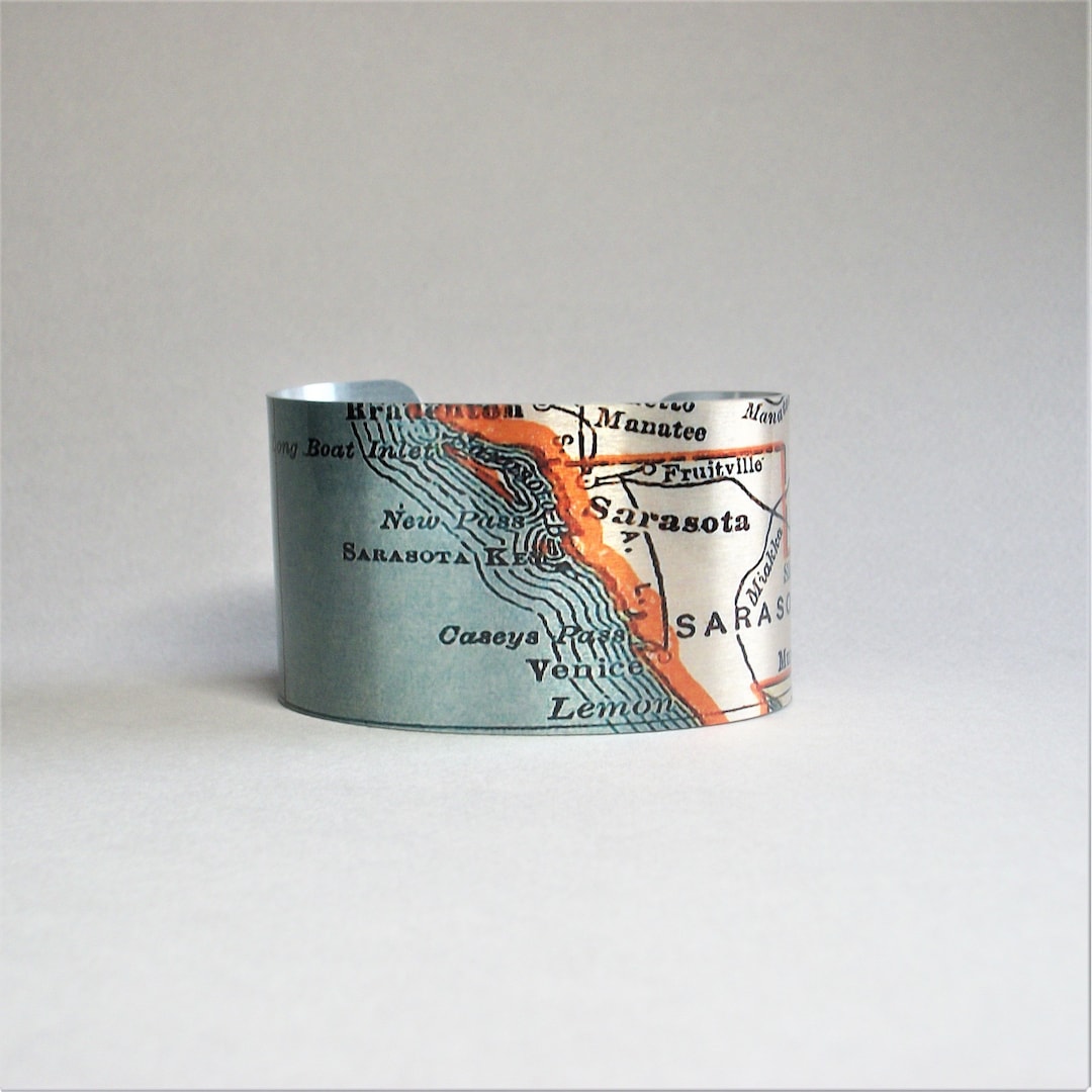 Vintage Sarasota Florida Map Cuff Bracelet, Gulf Coast Vacation Gift ...