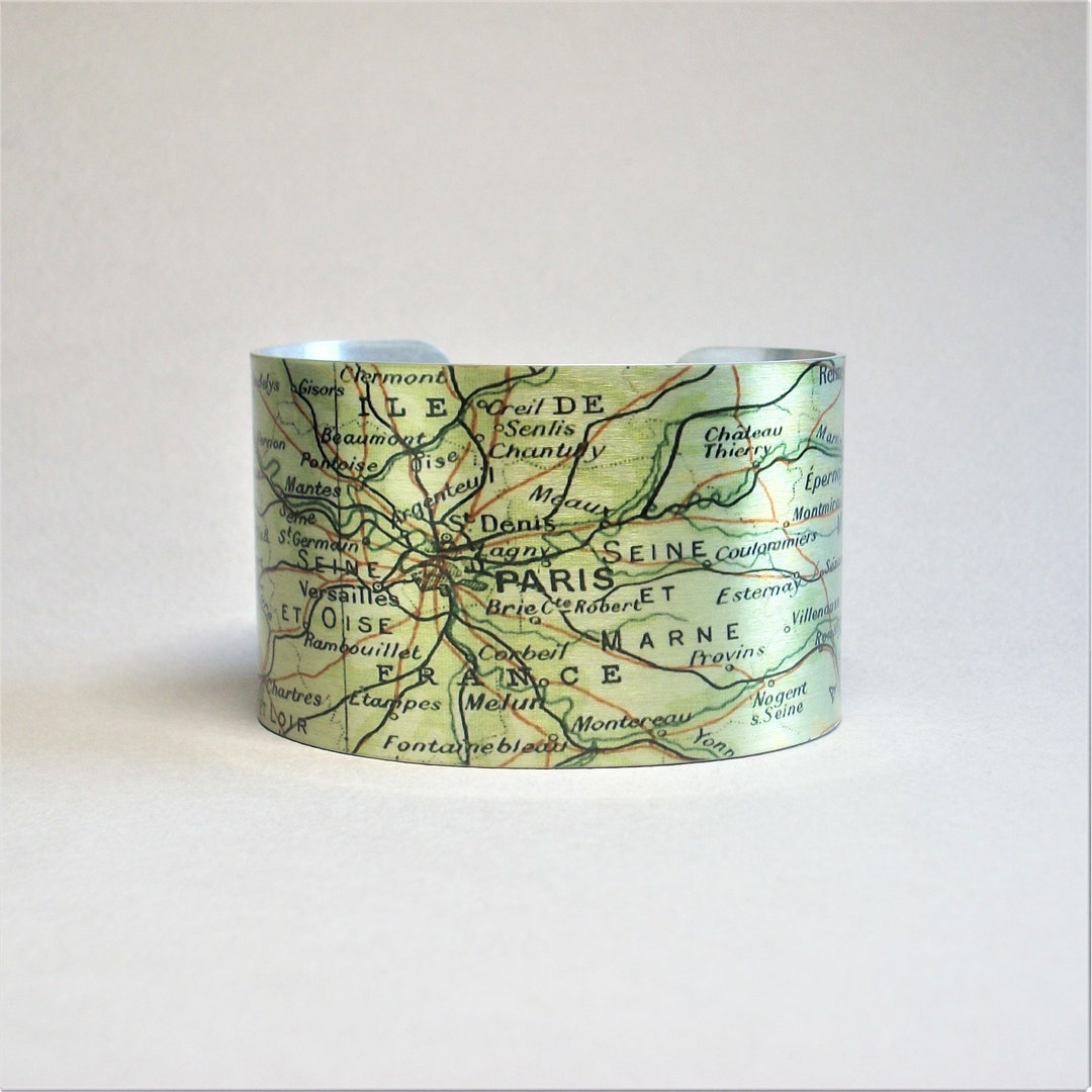 Paris France Cuff Bracelet Vintage Map Gift for Traveler Men or Women ...