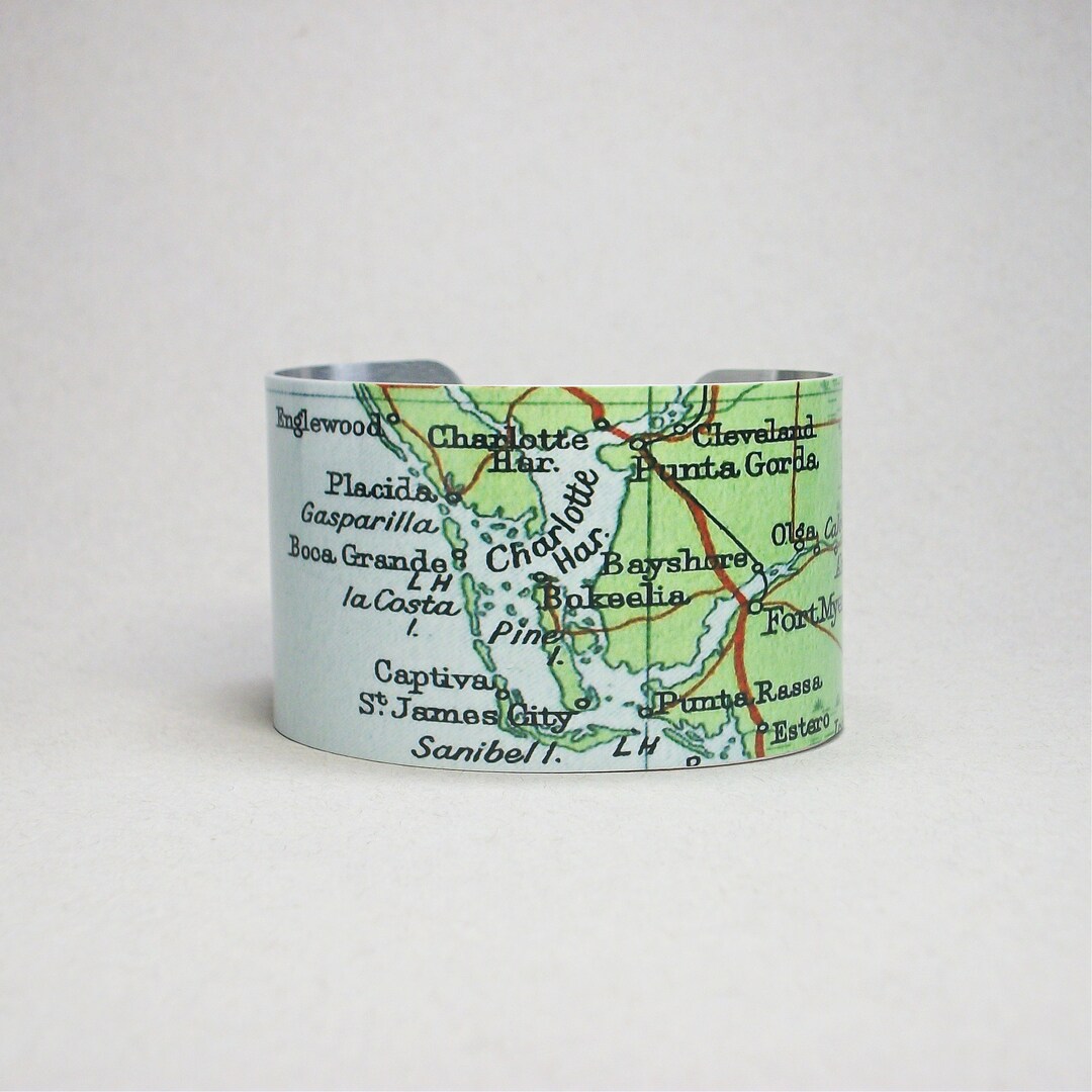 Vintage Florida Map Cuff Bracelet: Sanibel, Captiva, Gasparilla Travel ...